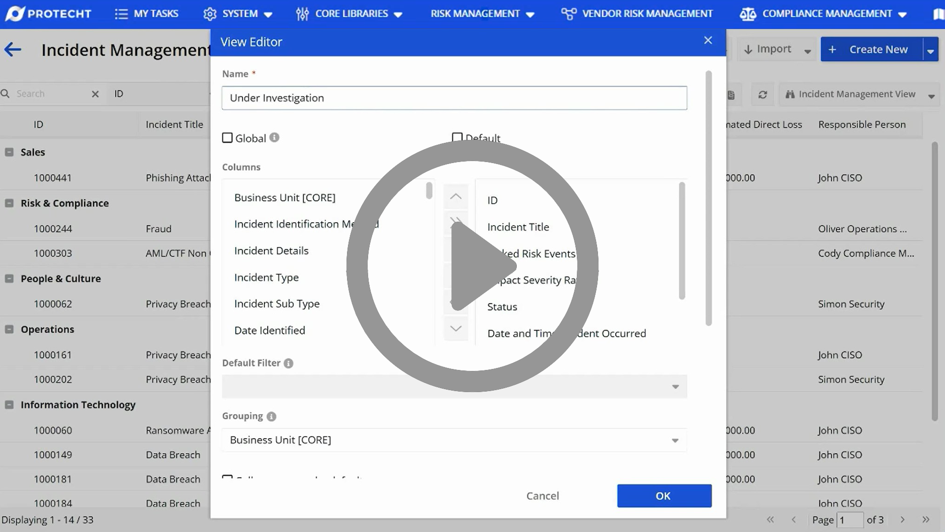 Creating a saved view in Protecht. AU